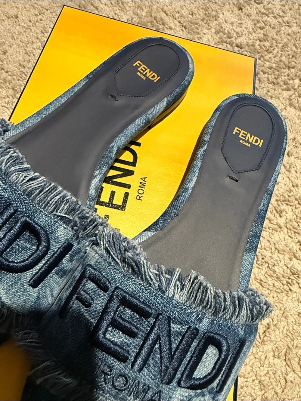 Fendi | Shoes | Fendi Sunshine Blue Denim Frayedff Logo Mule Slide ...